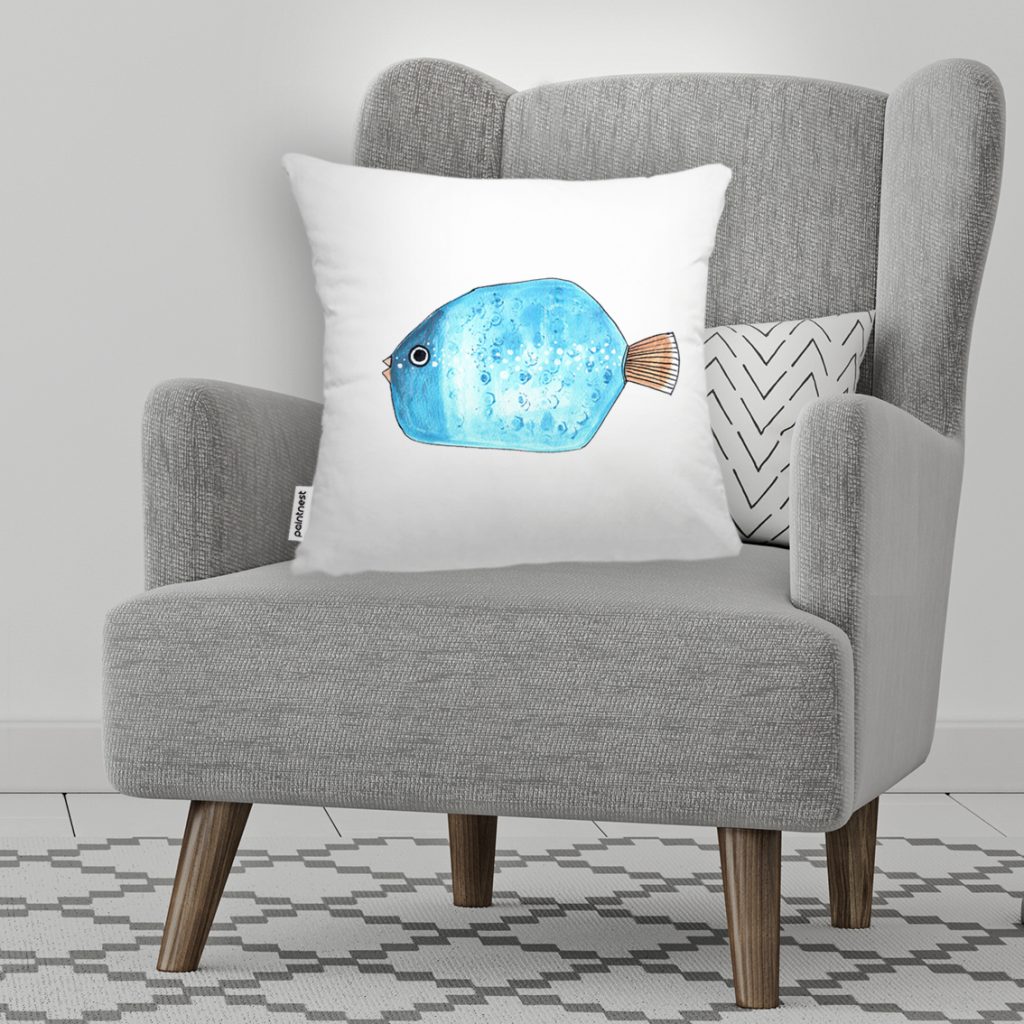 Watercolor Blue and Gold Sea Fish Art Throw Pillows - Paintnest